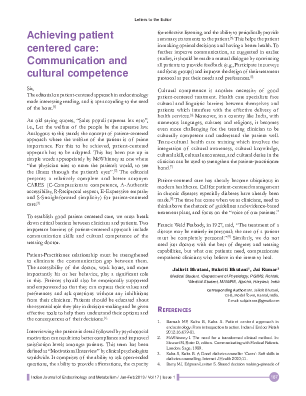 (PDF) Achieving patient centered care: Communication and cultural ...