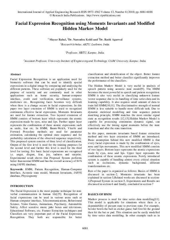 (PDF) Facial Expression Recognition using Moments Invariants and Modified Hidden Markov Model