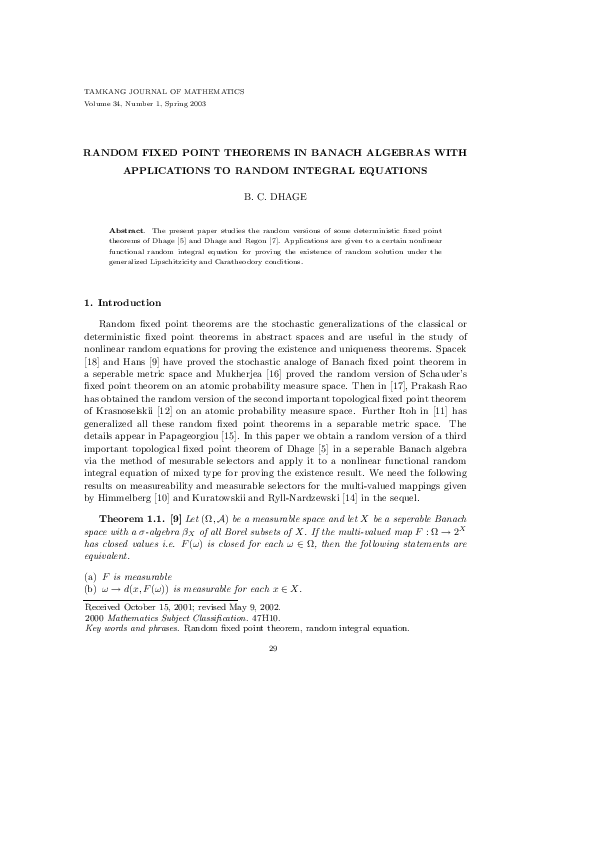 Pdf Random Fixed Point Theorems In Banach Algebras With Applications To Random Integral Equations