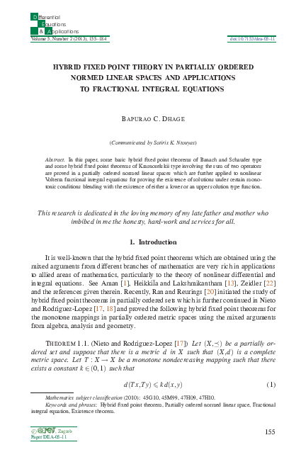 Pdf Hybrid Fixed Point Theory In Partially Ordered Normed Linear Spaces And Applications To