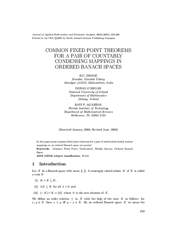 (PDF) Common fixed point theorems for a pair of countably condensing mappings in ordered banach ...