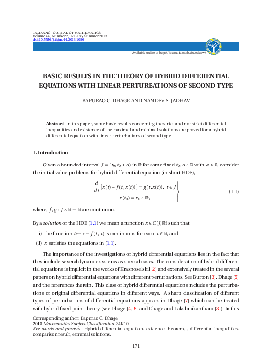 Pdf Basic Results In The Theory Of Hybrid Differential Equations With Linear Perturbations Os