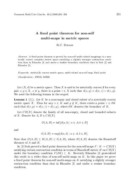 Pdf A Fixed Point Theorem For Non Self Multi Maps In Metric Spaces
