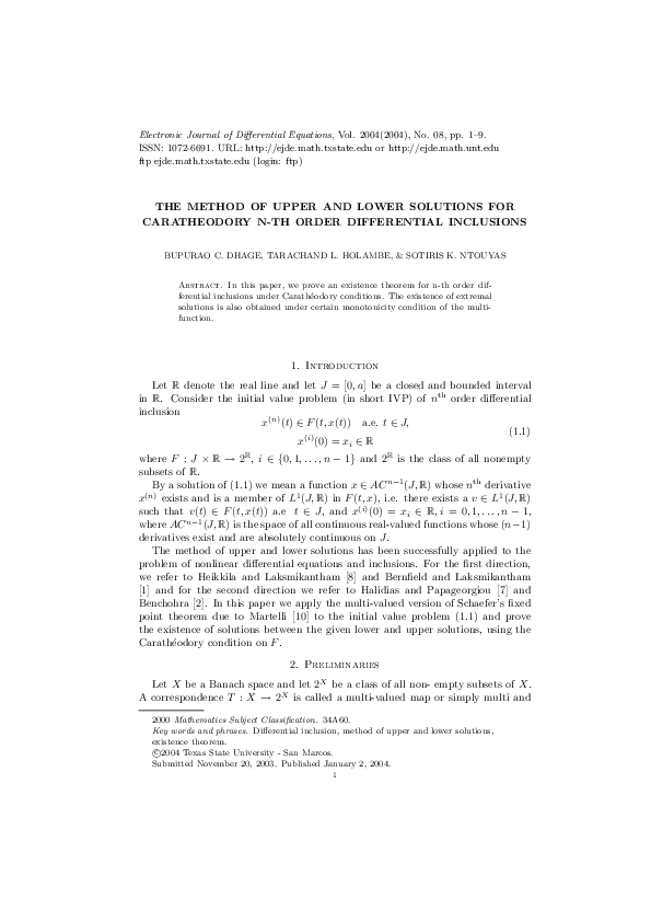 (PDF) The method of upper and lower solutions for Caratheodory n-th ...