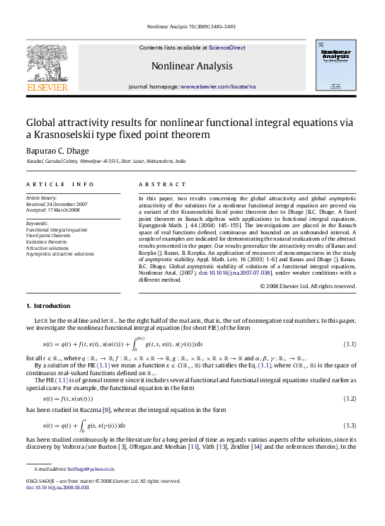 (PDF) Global attractivity results for nonlinear functional integral equations via a ...