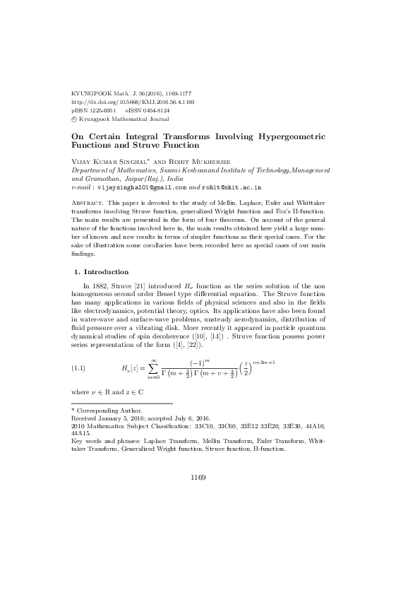 (PDF) On Certain Integral Transforms Involving Hypergeometric Functions and Struve Function