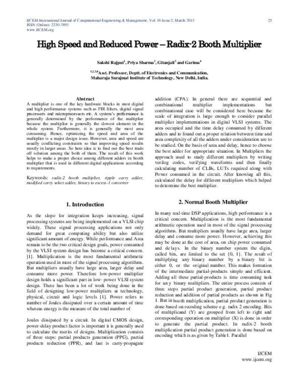 (PDF) High Speed and Reduced Power – Radix-2 Booth Multiplier