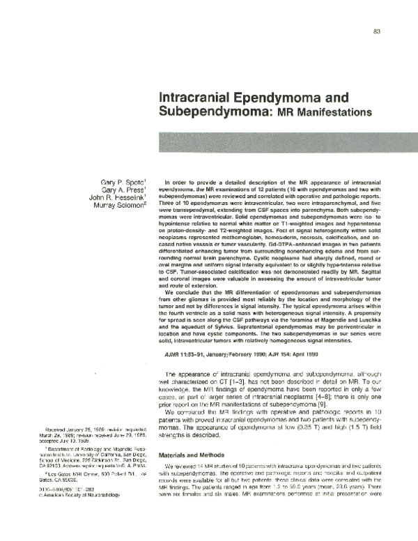 (PDF) Intracranial ependymoma and subependymoma: MR manifestations