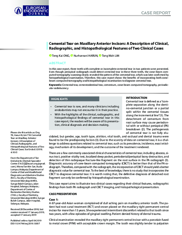 (PDF) Cemental Tear on Maxillary Anterior Incisors: A Description of ...
