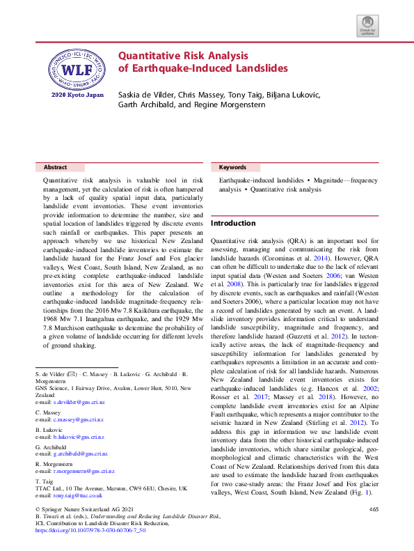 (PDF) Quantitative Risk Analysis of Earthquake-Induced Landslides