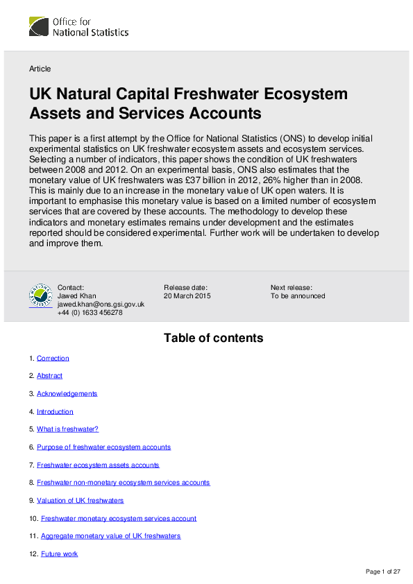 (PDF) UK Natural Capital - Freshwater Ecosystem Assets and Services ...