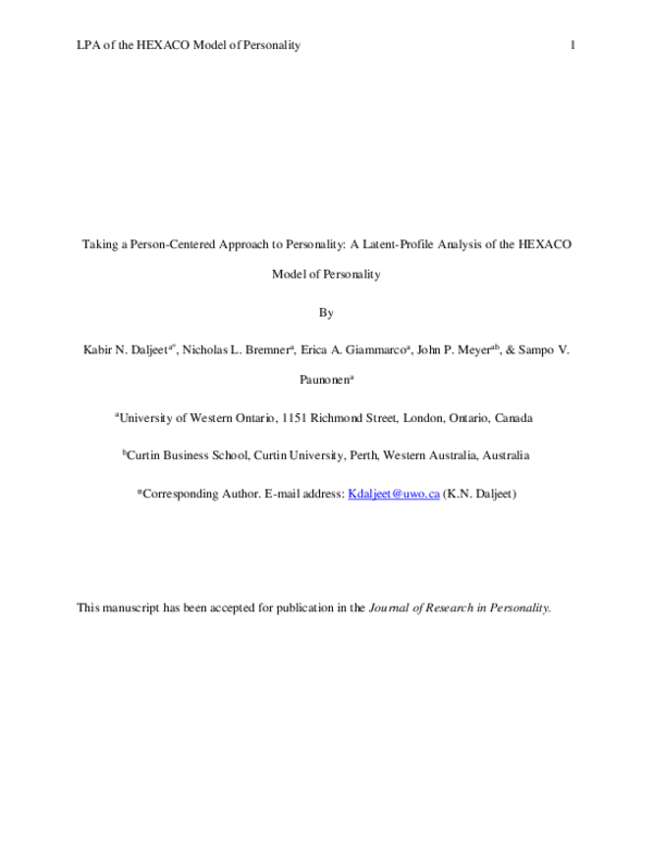 (PDF) Taking a person-centered approach to personality: A latent ...
