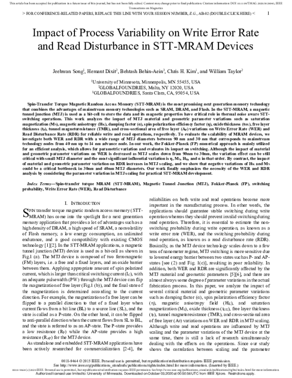 (PDF) Impact of Process Variability on Write Error Rate and Read Disturbance in STT-MRAM Devices
