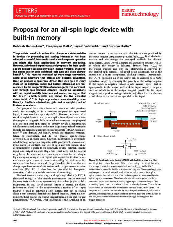 (PDF) Proposal for an all-spin logic device with built-in memory