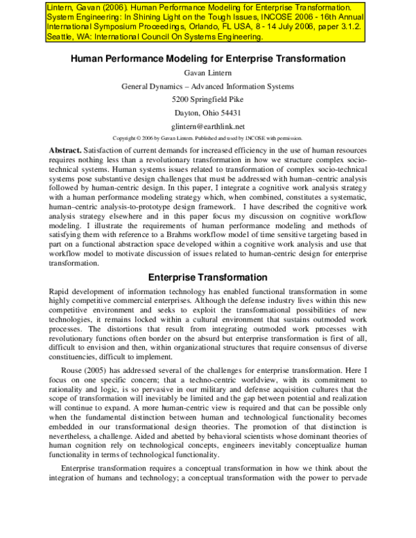(PDF) Human Performance Modeling for Enterprise Transformation