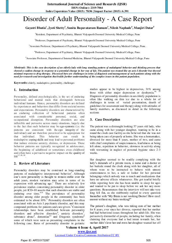 (PDF) Disorder of Adult Personality-A Case Report