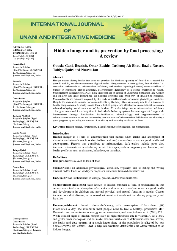 (PDF) Hidden hunger and its prevention by food processing: A review