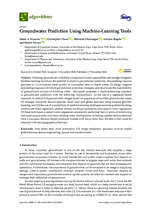 (PDF) Groundwater Prediction Using Machine-Learning Tools