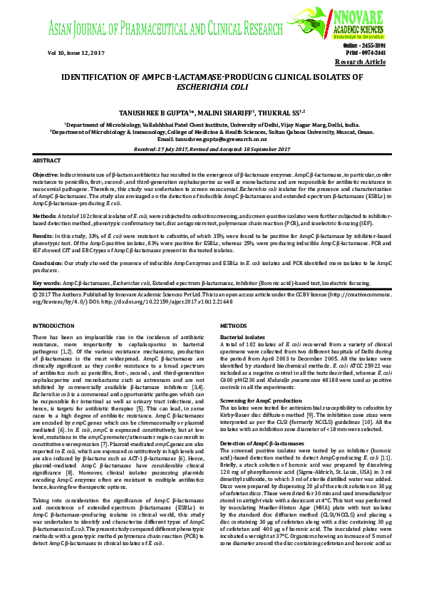(PDF) Identification of Ampc Β-Lactamase-Producing Clinical Isolates of ...