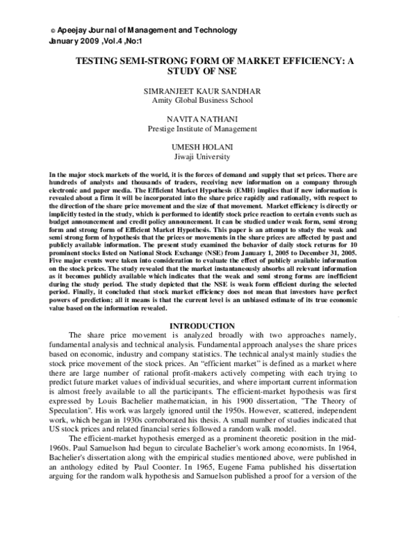 (PDF) Testing Semi-Strong Form of Market Efficiency: A Study of Nse