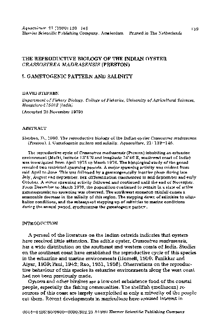 (PDF) Gametogenic Patterns in Indian Oyster