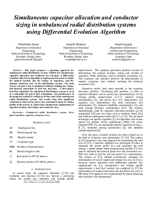 (PDF) Simultaneous capacitor allocation and conductor sizing in unbalanced radial distribution ...