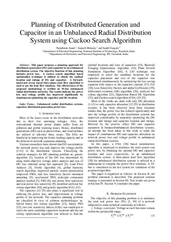 (PDF) Planning of distributed generation and capacitor in an unbalanced radial distribution ...