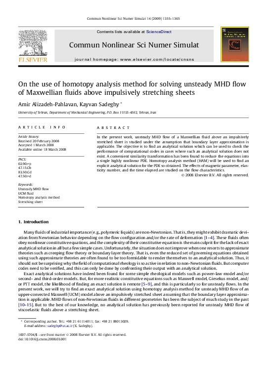 Pdf On The Use Of Homotopy Analysis Method For Solving Unsteady Mhd Flow Of Maxwellian Fluids