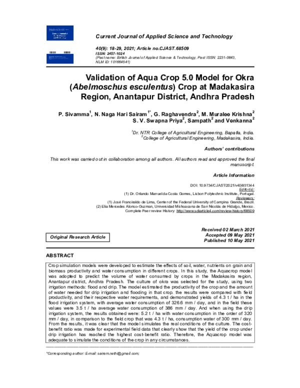 (PDF) Validation of Aqua Crop 5.0 Model for Okra (Abelmoschus ...