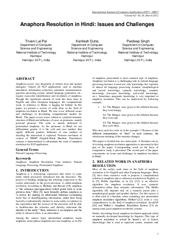 (PDF) Anaphora Resolution in Hindi: Issues and Challenges