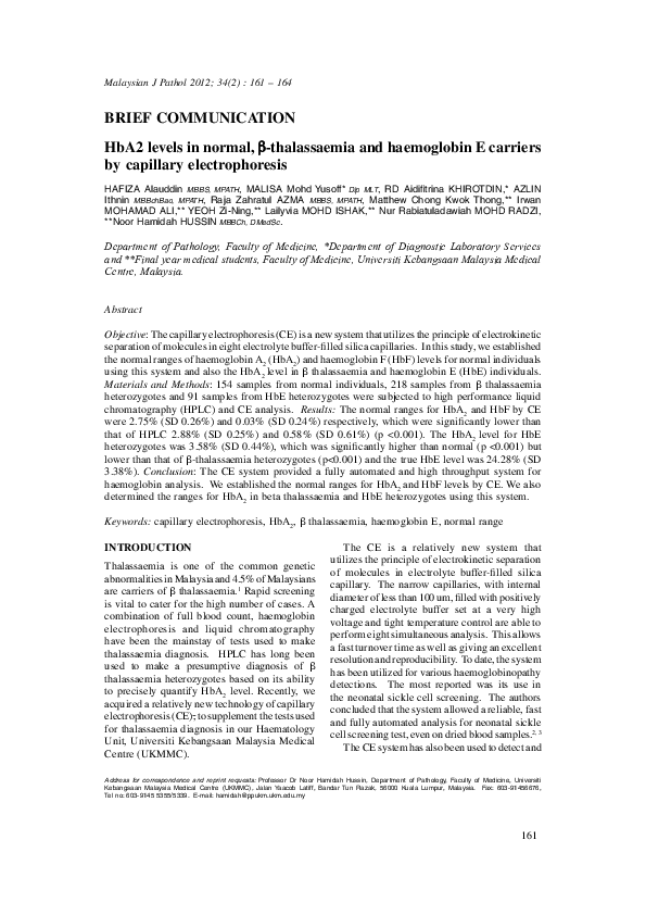 (PDF) HbA2 levels in normal, beta-thalassaemia and haemoglobin E ...
