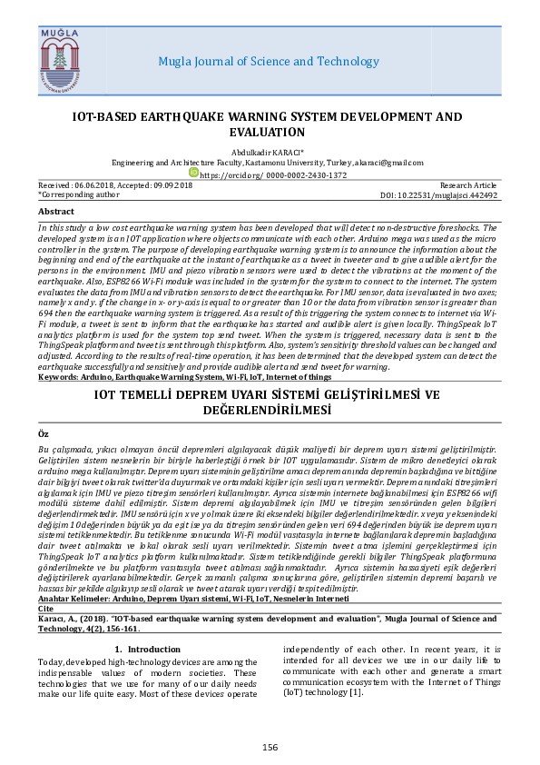 (PDF) Iot-Based Earthquake Warning System Development and Evaluation