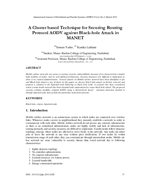 (PDF) A Cluster based Technique for Securing Routing Protocol AODV against Black-hole Attack in ...