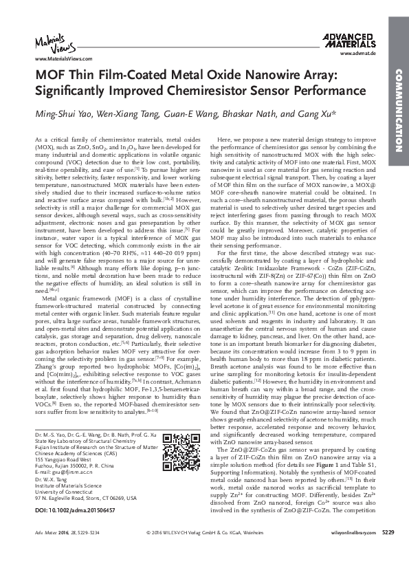 (PDF) MOF Thin Film-Coated Metal Oxide Nanowire Array: Significantly Improved Chemiresistor ...