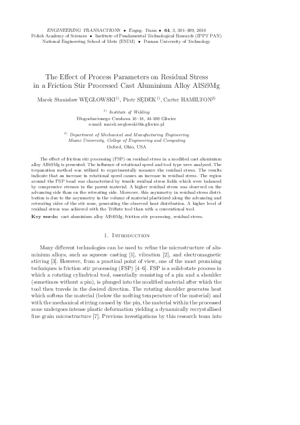 (PDF) The Effect of Process Parameters on Residual Stress in a Friction Stir Processed Cast ...