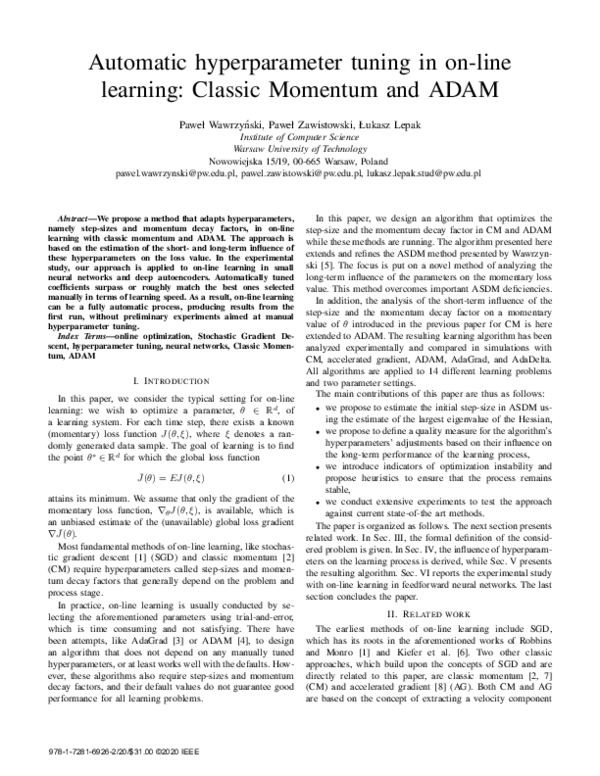 (PDF) Automatic hyperparameter tuning in on-line learning: Classic Momentum and ADAM