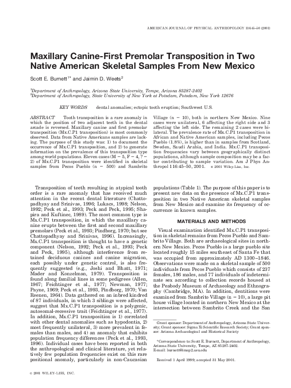 (PDF) Maxillary canine‐first premolar transposition in two Native ...