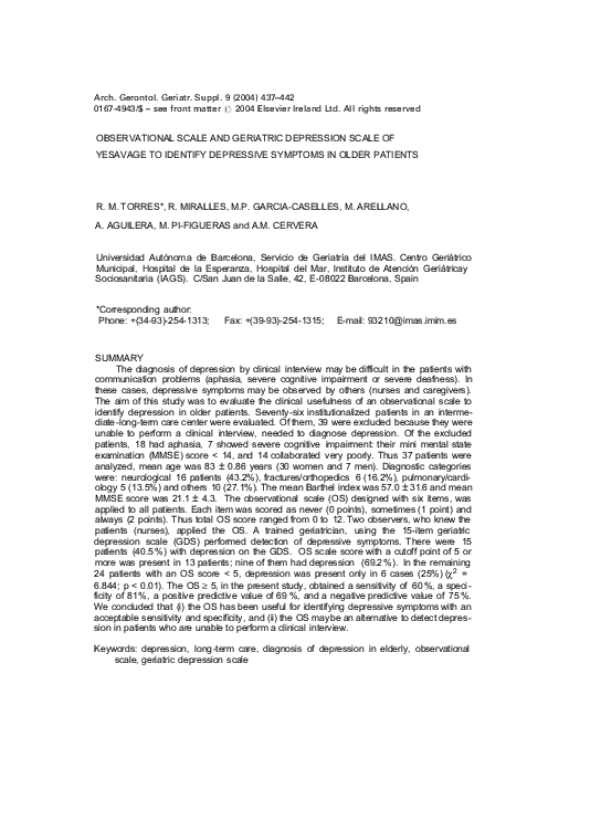 (PDF) Observational Scale and Geriatric Depression Scale of Yesavage to ...