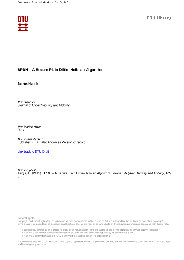 (PDF) SPDH - A Secure Plain Diffie-Hellman Algorithm