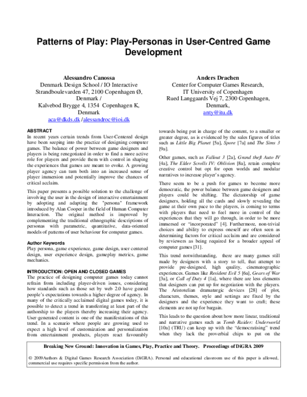 (PDF) Patterns of Play: Play-Personas in User-Centred Game Development