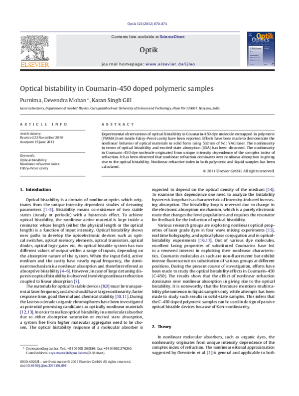 (PDF) Optical bistability in Coumarin-450 doped polymeric samples