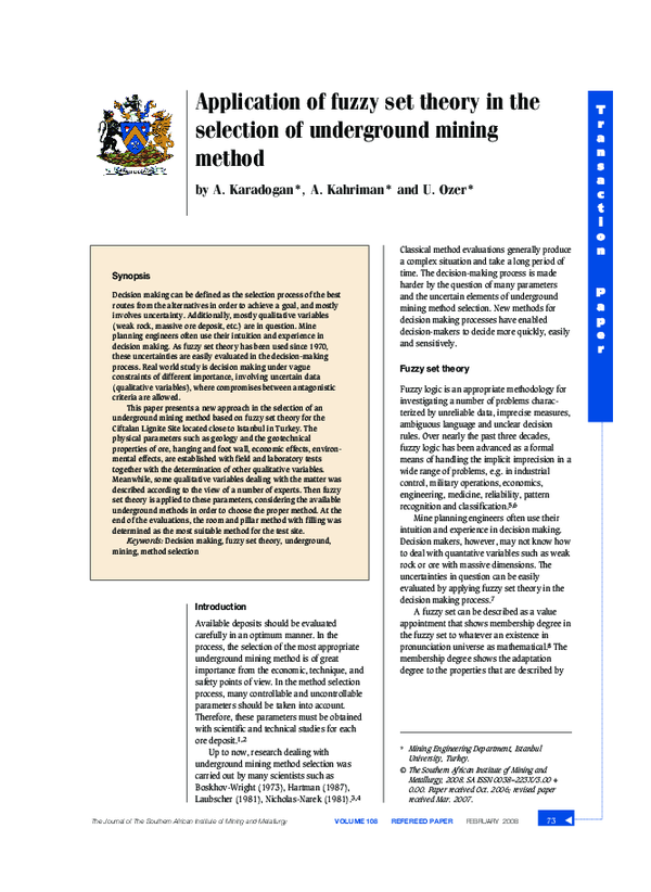 Pdf Application Of Fuzzy Set Theory In The Selection Of Underground
