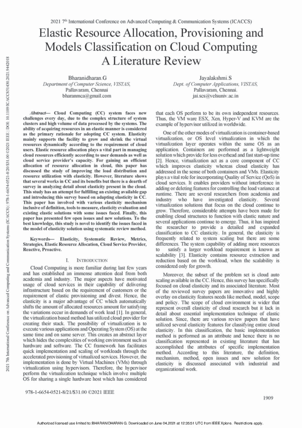 (PDF) Elastic Resource Allocation, Provisioning and Models Classification on Cloud Computing A ...