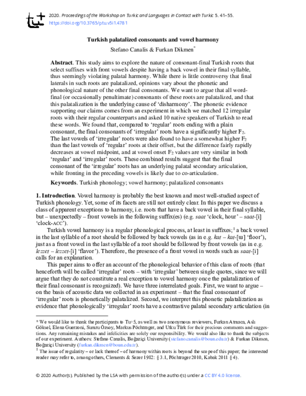 (PDF) Turkish palatalized consonants and vowel harmony
