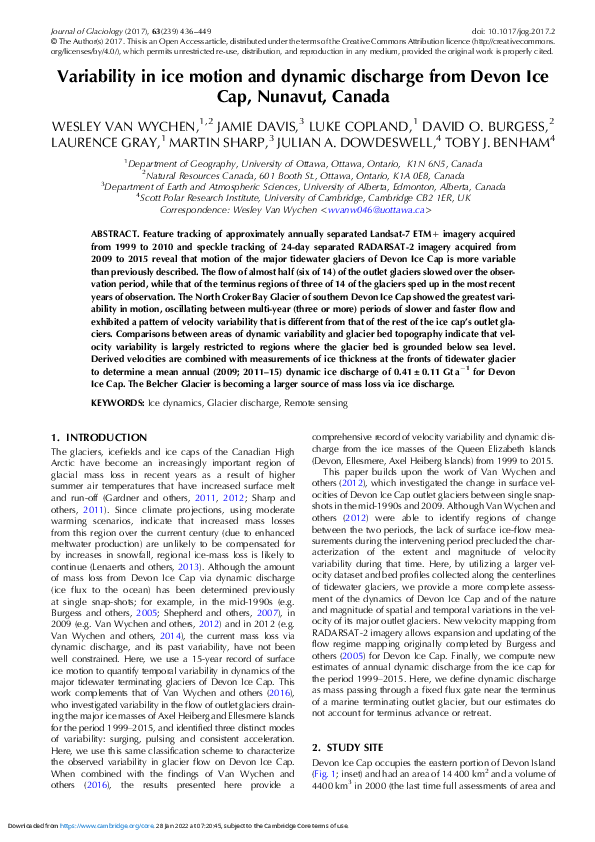 (PDF) Variability in ice motion and dynamic discharge from Devon Ice ...