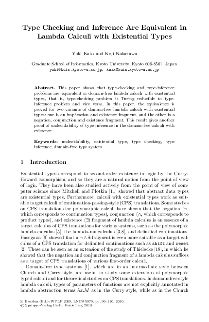 (PDF) Type Checking and Inference Are Equivalent in Lambda Calculi with Existential Types