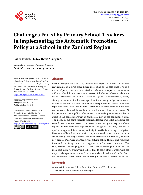 (PDF) Challenges Faced by Primary School Teachers in Implementing the ...