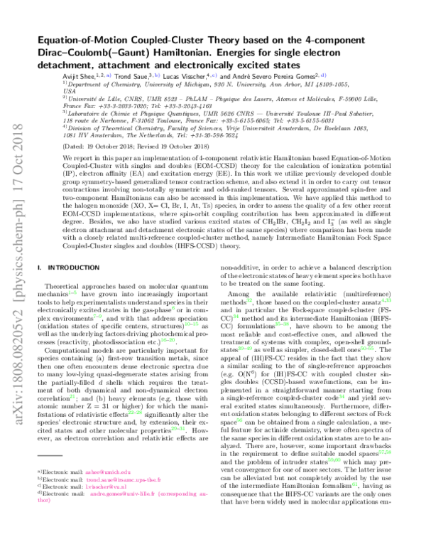 (PDF) Equation-of-motion coupled-cluster theory based on the 4-component Dirac–Coulomb(–Gaunt ...
