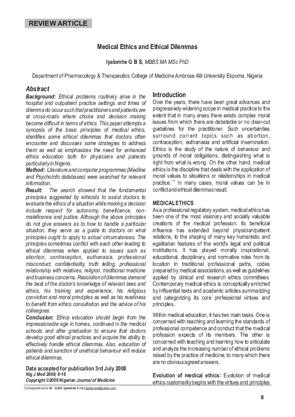 (PDF) Medical ethics and ethical dilemmas