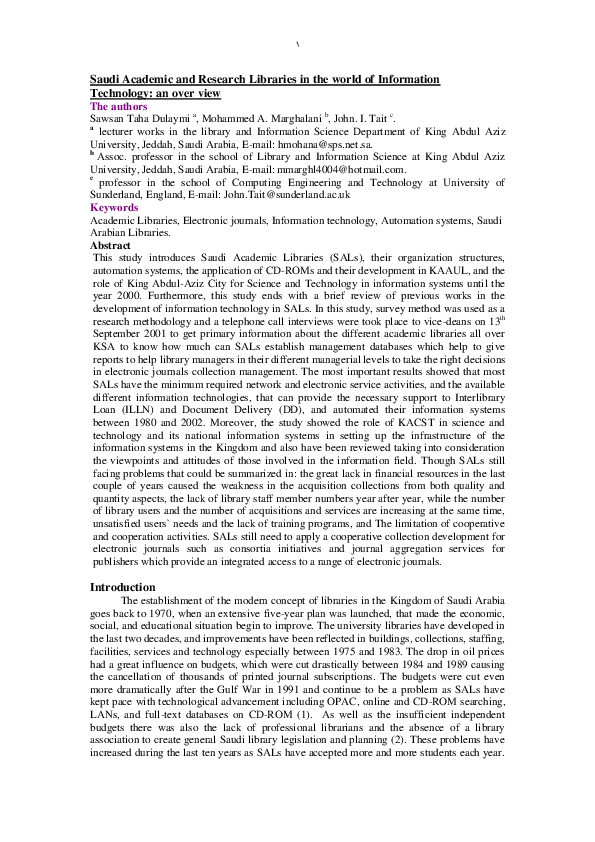 (PDF) 1 Saudi Academic and Research Libraries in the world of ...